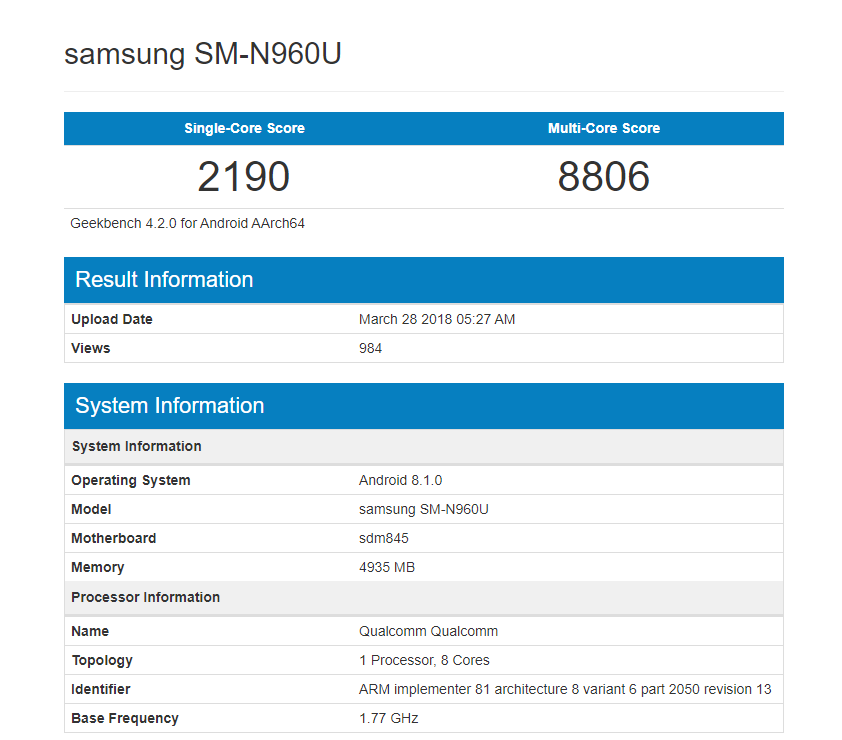 Samsung Galaxy Note 9 (Snapdragon 845) Shows Up On Geekbench - Gizmochina