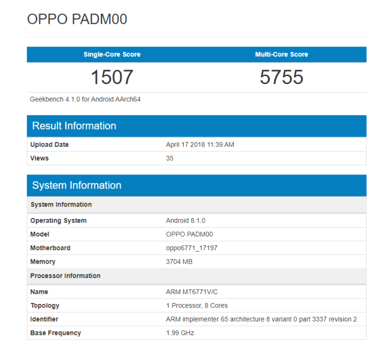 Geekbench Benchmarks MT6771-Powered OPPO A3 - Gizmochina