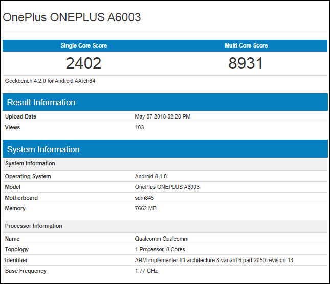 OnePlus 6 (OnePlus A6003) Spotted on GeekBench Ahead of Launch - Gizmochina
