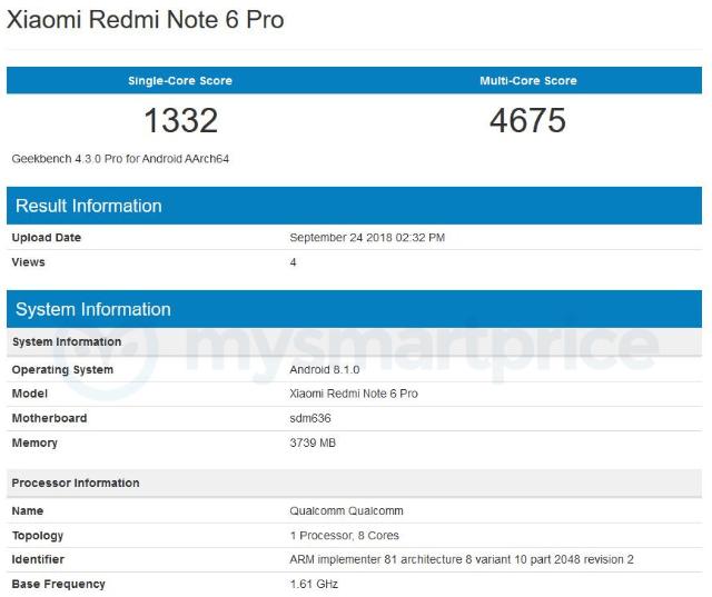 Xiaomi Redmi Note 6 Pro Geekbench listing confirms Snapdragon 636, 4 GB ...