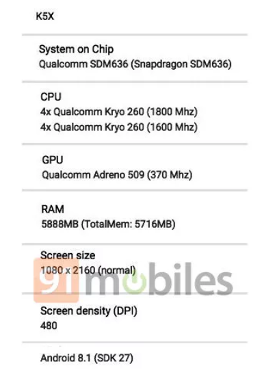 Leaked Lenovo K5X specs reveal Snapdragon 636 + 6GB RAM combo - Gizmochina