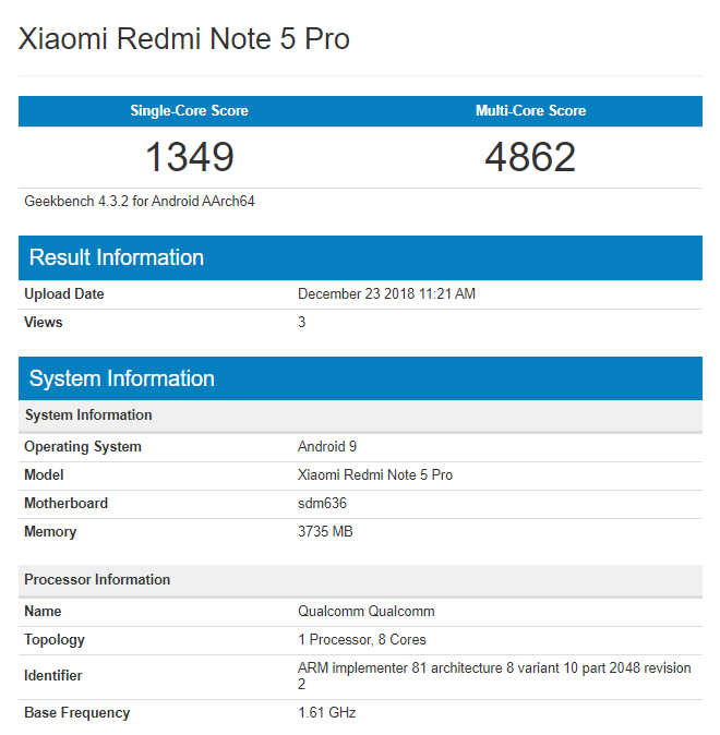Redmi Note 5/Pro running Android Pie appears on Geekbench alongside ...