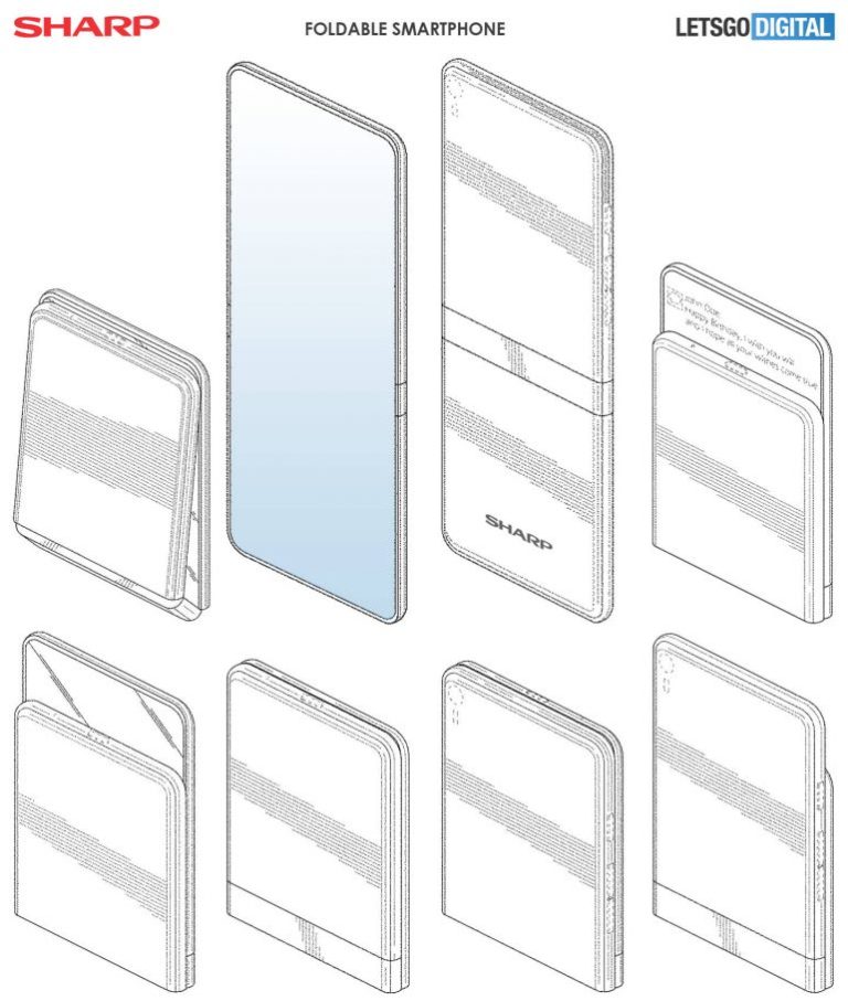 Sketch and 3D renders of Sharp's patented foldable phone with clamshell ...