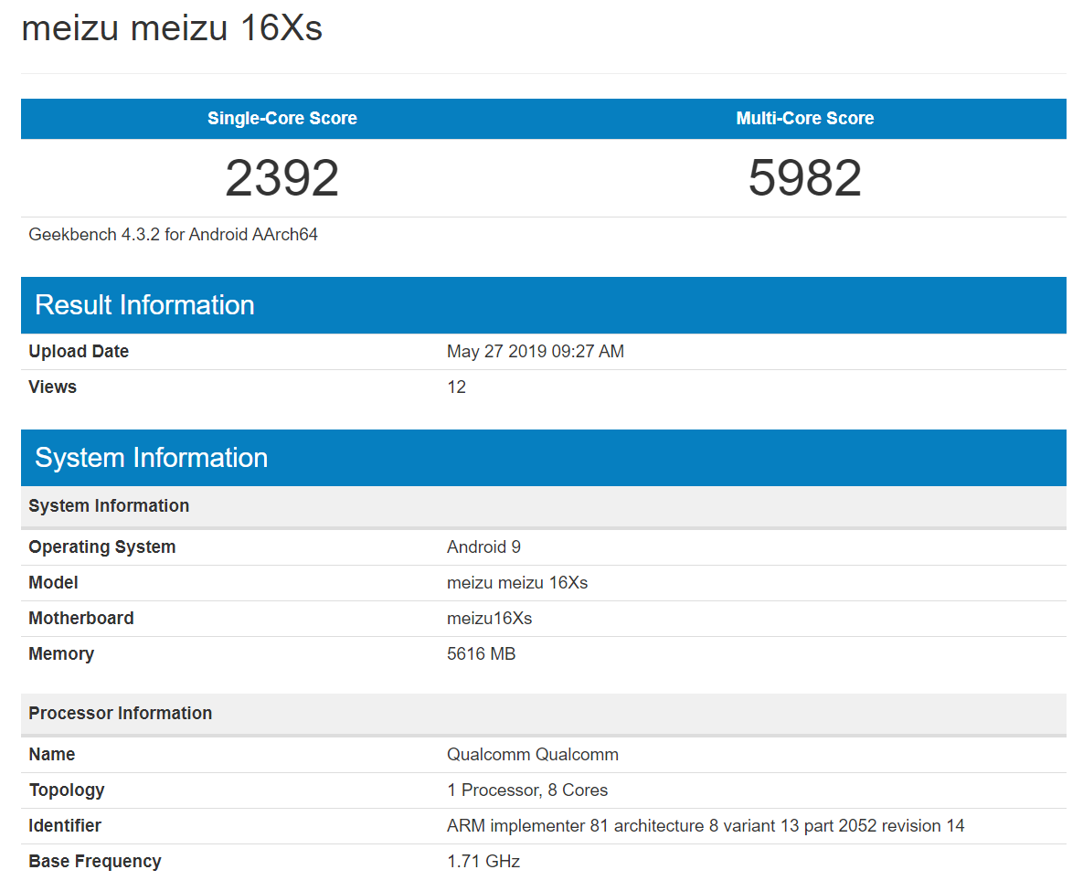 Meizu 16Xs Geekbench listing appears; Could it be featuring Snapdragon 675? - Gizmochina