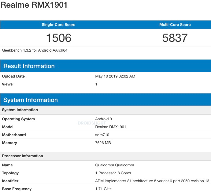 Realme X Geekbench listing reveals Snapdragon 710 and 8 GB RAM before ...