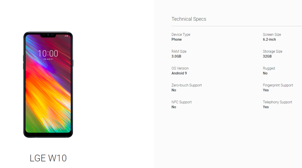 Android Enterprise listing reveals more LG W10 specs - Gizmochina