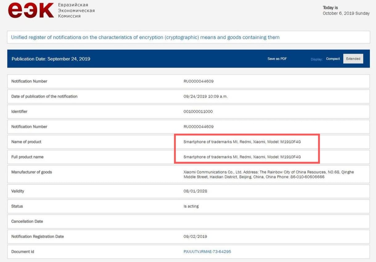 Mysterious M1910F4E 3C certified; Could it be Xiaomi Mi CC9 Pro ...