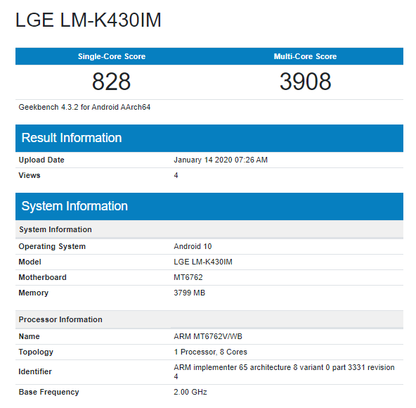 LGE LM-K430IM appears on Geekbench; may launch as LG K43 - Gizmochina