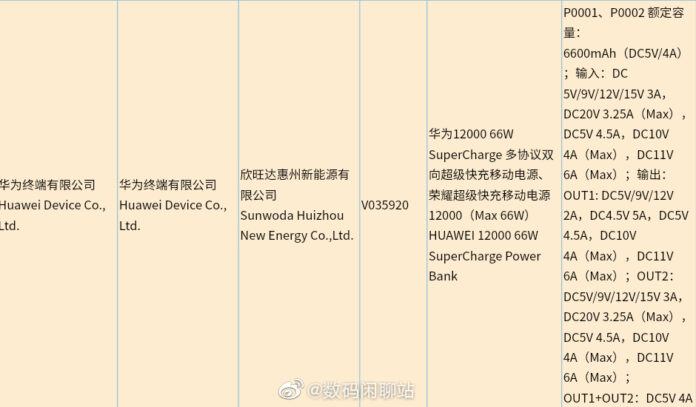 HUAWEI 12000 66W SuperCharge Power Bank gets certified by 3C - Gizmochina