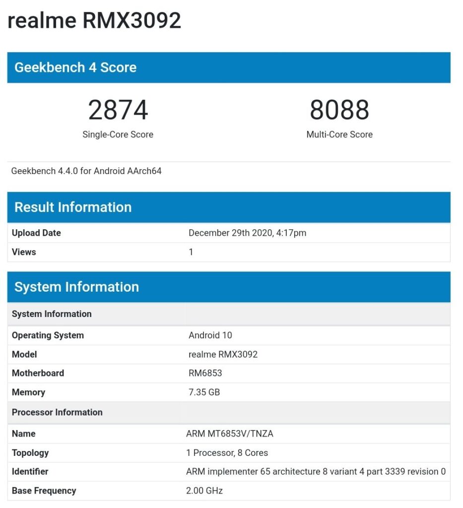 Alleged Realme 8 (RMX3092) with Dimensity 720 spotted at Geekbench ...