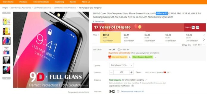 iPhone 13 tempered glass on sale via DHGate - Gizmochina