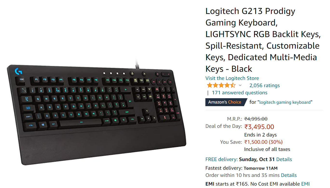 Deal: Buy Logitech G213 Prodigy Gaming Keyboard for ₹3495 at Amazon ...