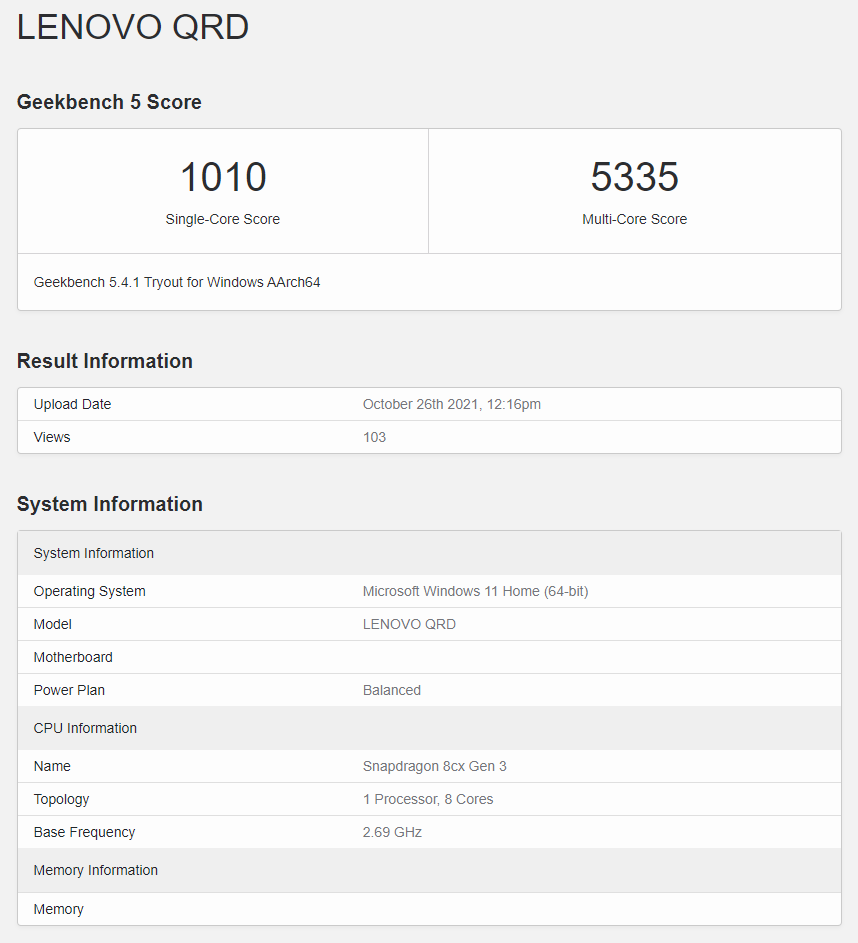 Lenovo QRD with Snapdragon 8cx Gen 3 arrives on Geekbench - Gizmochina