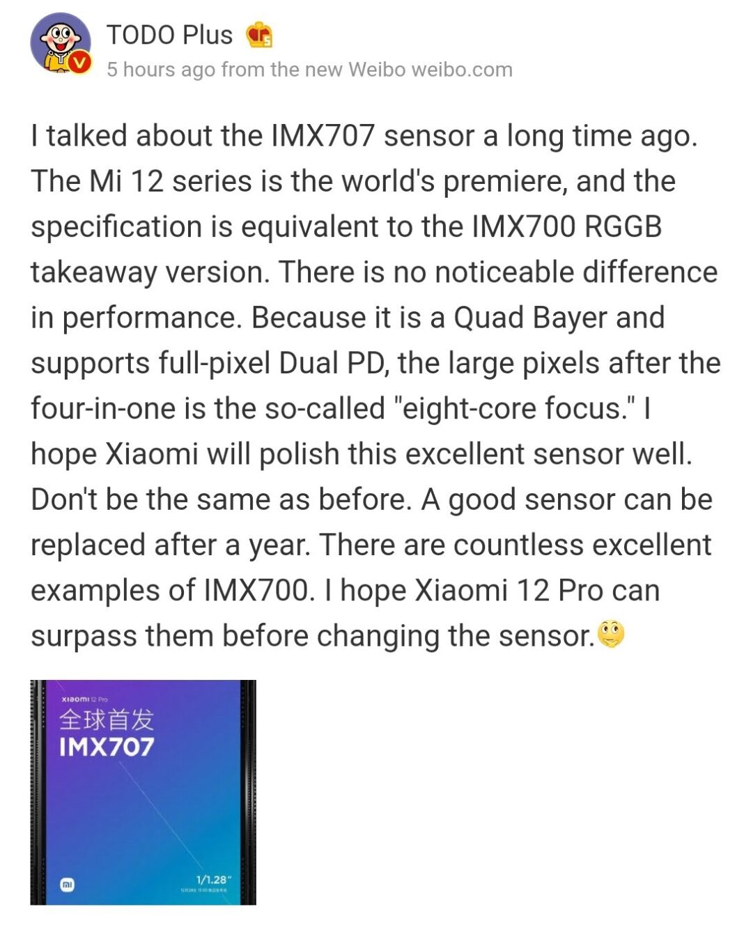 Xiaomi 12 Pro confirmed to use Sony IMX707 sensor for primary camera