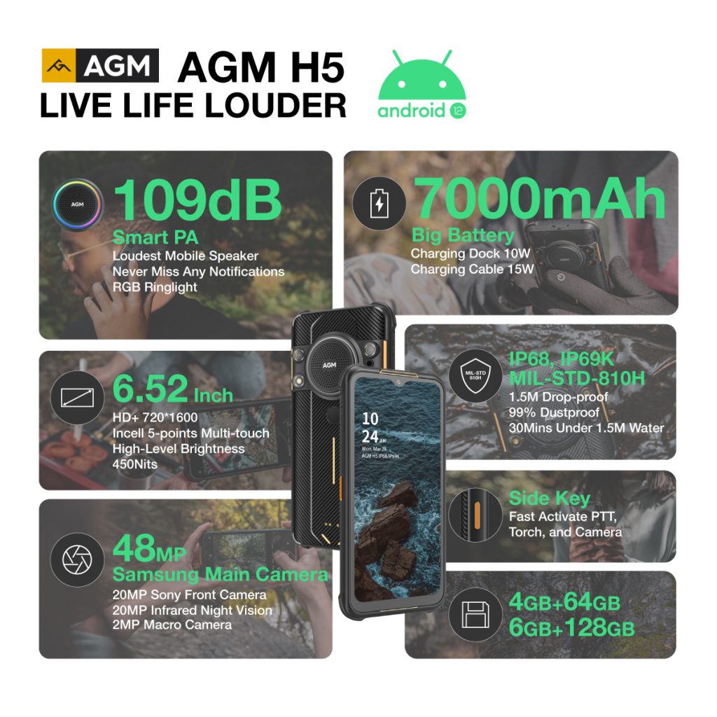 AGM H5 unveiled as the first rugged smartphone with Android 12, 109dB ...