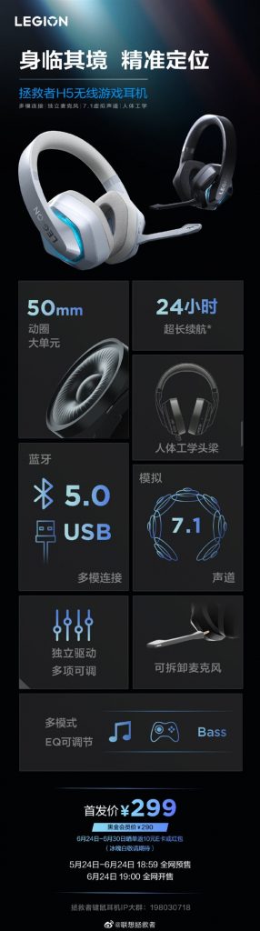 Lenovo Legion H5 Wireless Gaming Headset with 50mm drivers, 24hrs play ...