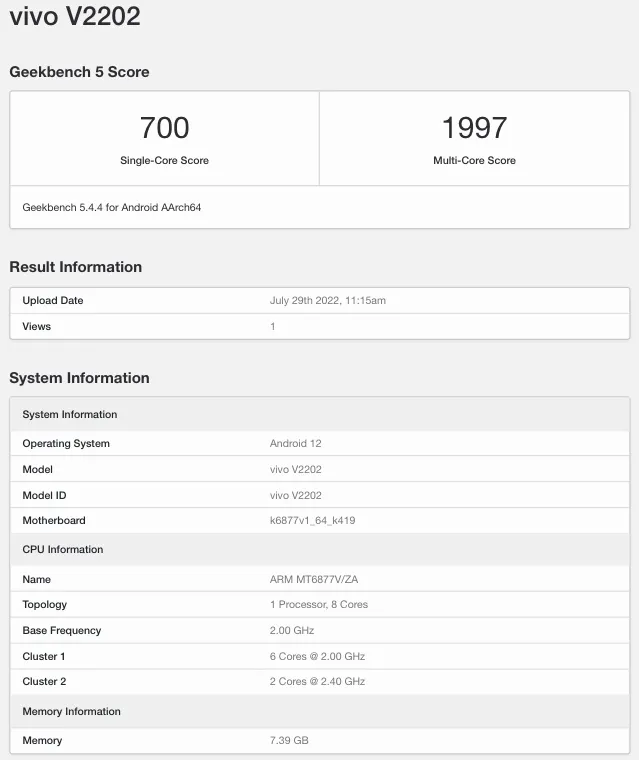 Vivo V25 spotted on GeekBench, with Dimensity 900 and 8GB RAM - Gizmochina