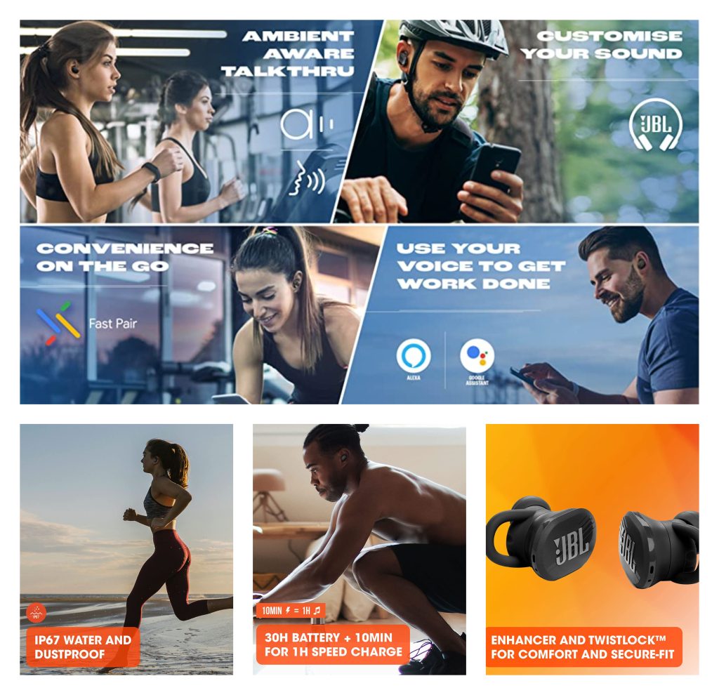 JBL Endurance Race earbuds with IP67 certification, Twistlock design ...