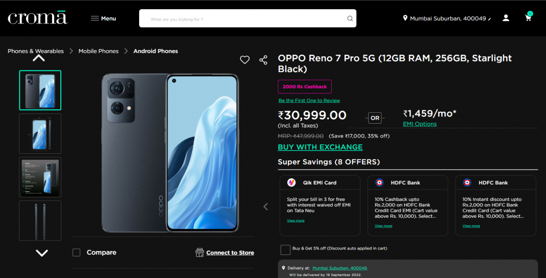 OPPO Reno 7 Pro 12GB + 256GB se puede comprar por ₹ 27,499 - Así es como