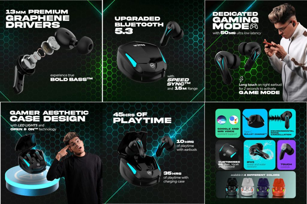 Wings Phantom 550 Gaming TWS earbuds with up to 45h playtime, Bluetooth ...