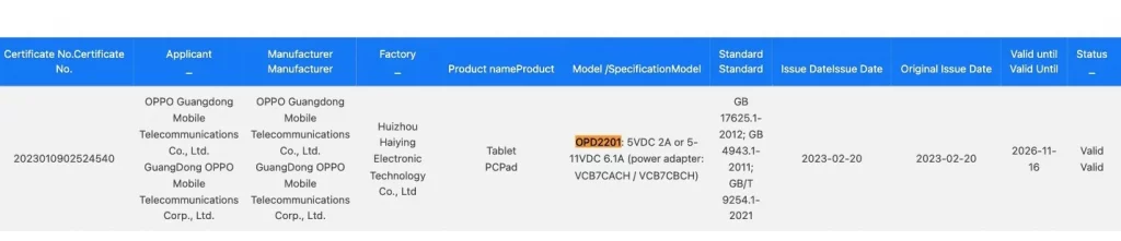 Oppo Pad 2 Emerges on 3C Database With 67W Fast Charging, Could Launch Soon - Gizmochina