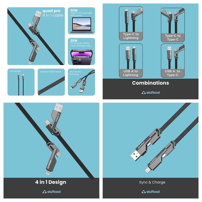 Stuffcool Quad Pro 4-in-1 cable with PD60W Type-C to C/lightning ...
