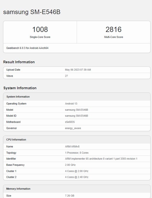 Samsung Galaxy F54 5g Geekbench Listing Reveals Exynos 1380 Soc And 8gb