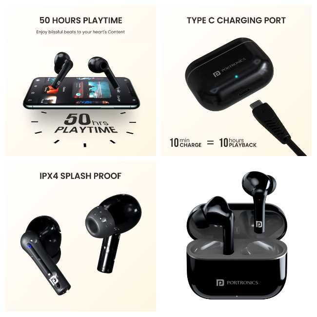 Portronics Harmonics Twins S6 Smart TWS earbuds with ENC, up to 50hrs ...