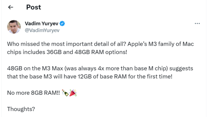 Apple M3 チップ Mac には、8GB ではなく 12GB の基本 RAM オプションが搭載される可能性 – ガジェットカフェ