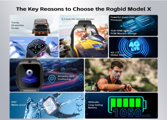 Rogbid Model X 4G smartwatch with a sleek design, and multiple ...