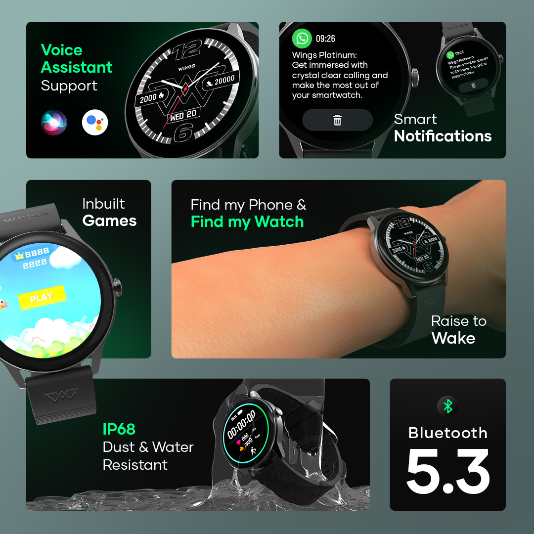 Wings Platinum smartwatch with BT Calling, 1.39" circular display ...