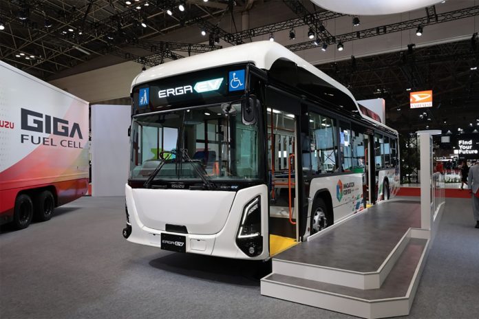 Isuzu unveils the Erga EV bus as the world’s first battery-electric flat-floor route bus ...