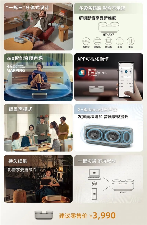 Sony HT-AX7 Sound System with a three-piece design announced in China for 3,990 yuan ($545 ...