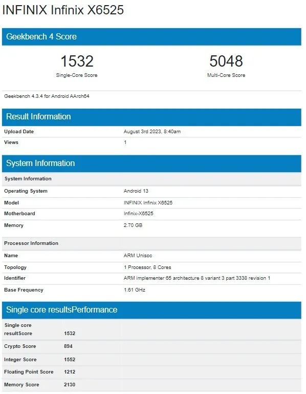Infinix Smart 8 with UniSoC T606, Android 13 runs Geekbench, bags FCC ...
