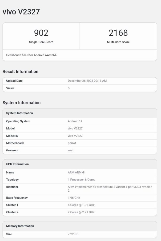 Unnamed Vivo V2327 phone visits GeekBench with Snapdragon 4 Gen 2 ...