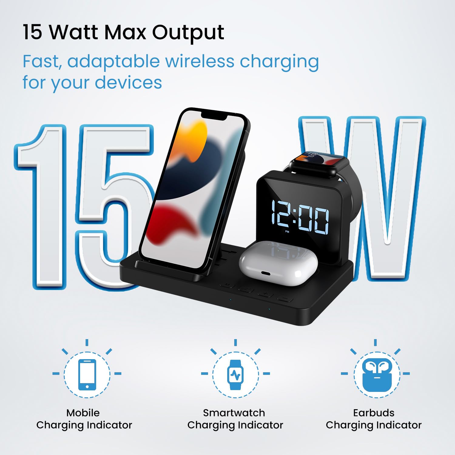 Portronics Bella 3-in-1 Qi-wireless charger with a digital alarm clock ...