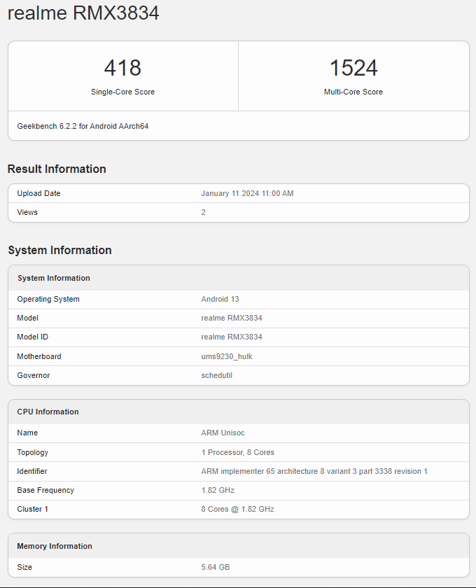Realme Note 50 appears on Geekbench with UniSoC CPU - Gizmochina Realme Note 50 appears on Geekbench with UniSoC CPU - Gizmochina