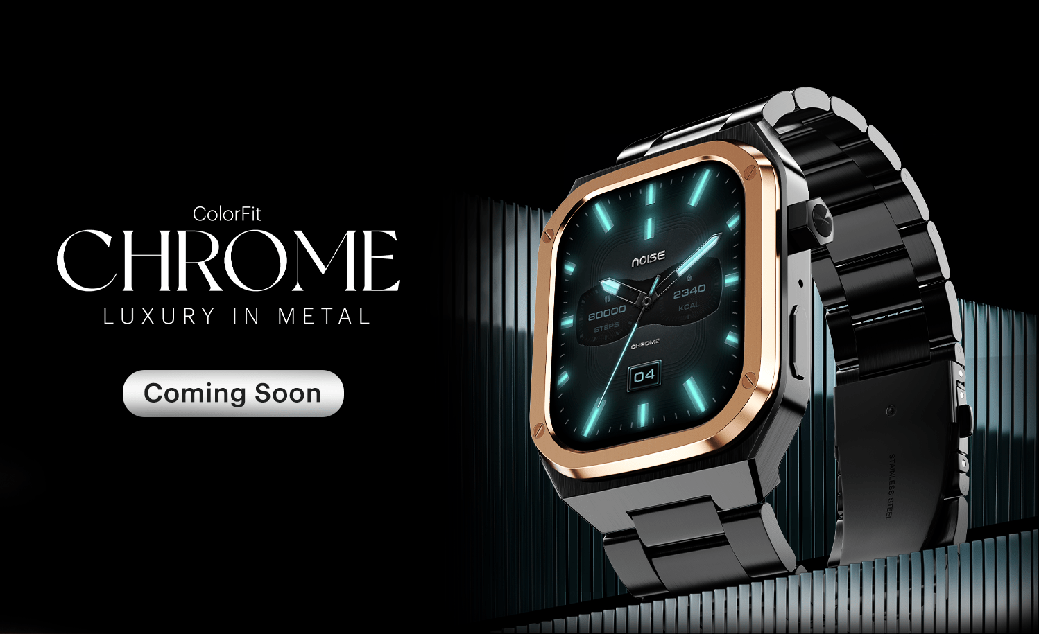 Noise ColorFit Chrome smartwatch with 1.85" AMOLED display, metal frame ...