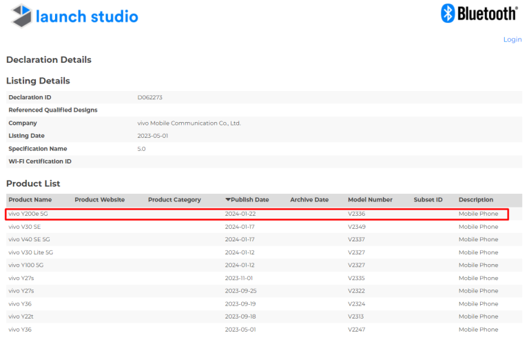Vivo Y200e 5G receives Bluetooth SIG certification - Gizmochina