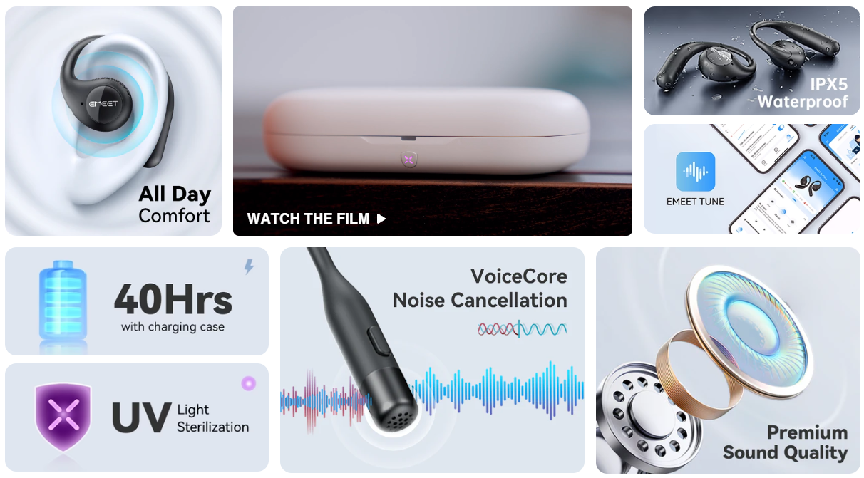 EMEET AirFlow open-ear wireless earbuds with detachable mic & 40 hours ...