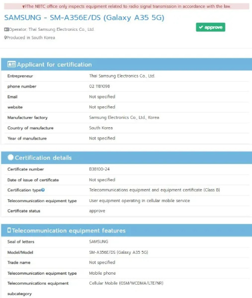 Samsung Galaxy A35 5G pops up on Thailand's NBTC filing