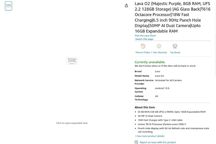 Lava O2 design, specifications revealed in India teaser and Amazon listing