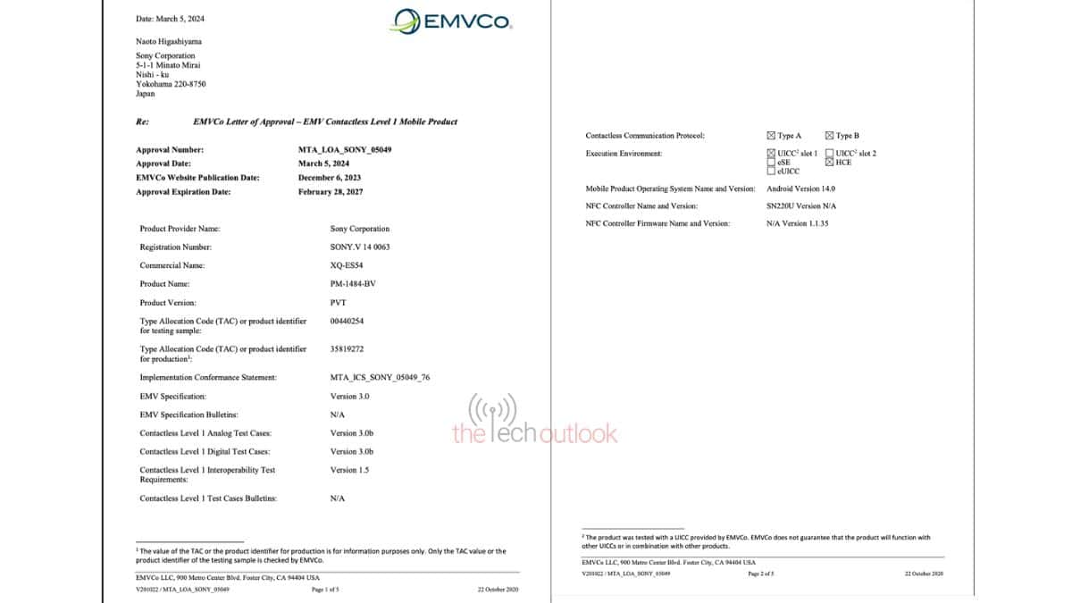Alleged Sony Xperia 1 VI spotted on EMVCO database ahead of launch ...