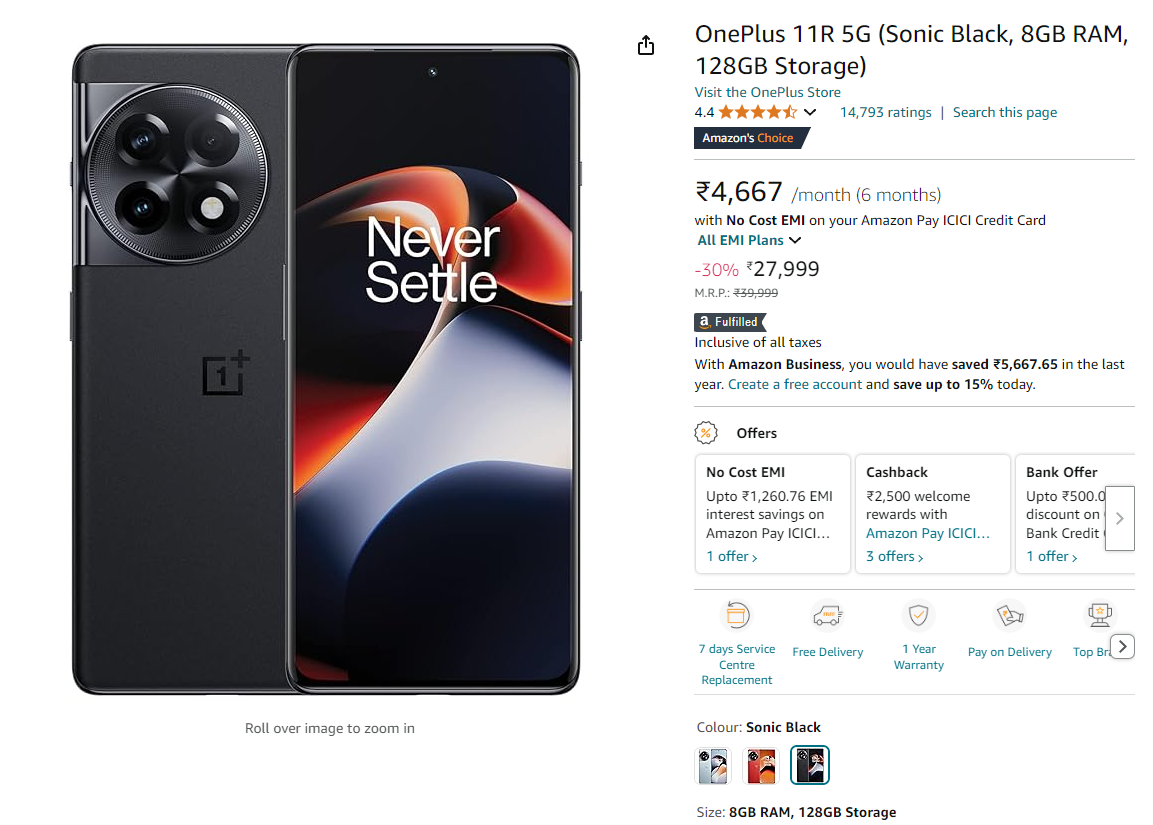 OnePlus 11R 8GB + 128GB model selling for ₹27,999 on Amazon India ...