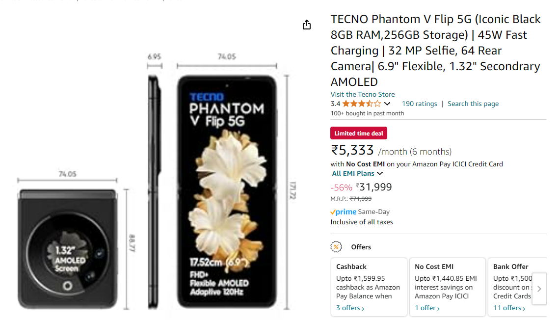 Tecno Phantom V Flip price slashed to Rs 31,999 (~$385) in India ...