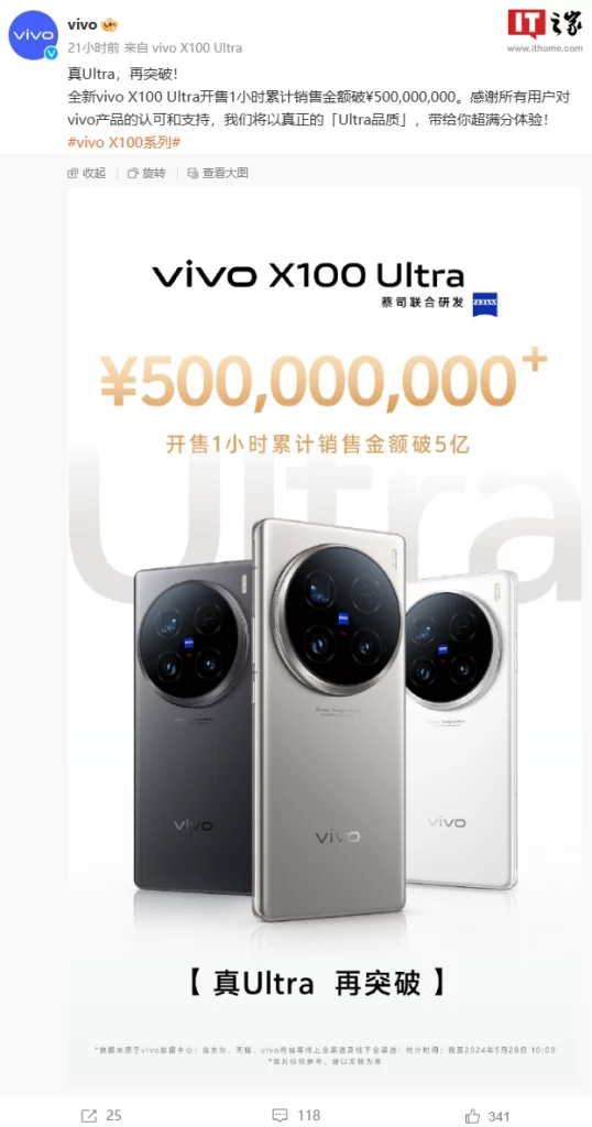 Vivo X100 Ultra sales surpassed 500 million yuan ($69 million) in one ...