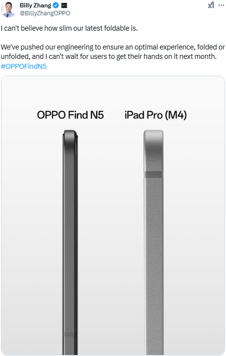 Oppo Find N5/OnePlus Open 2 is thinner than the 5.1mm iPad Pro (M4) - Gizmochina