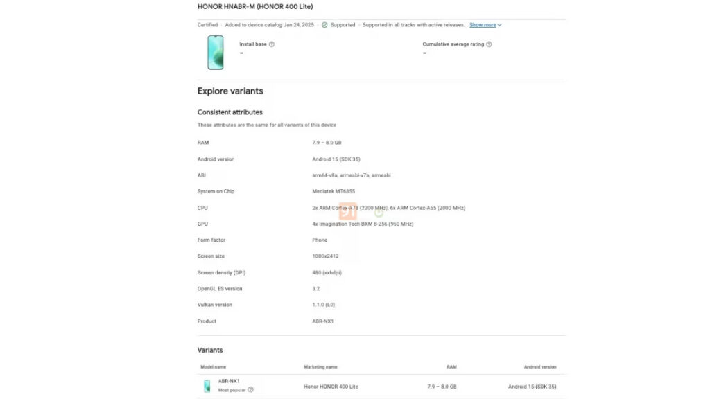 Honor 400 Lite chipset, RAM, design revealed via Google Play Console ...