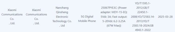 Xiaomi Civi 5 Pro bags 3C certification with 67W charging