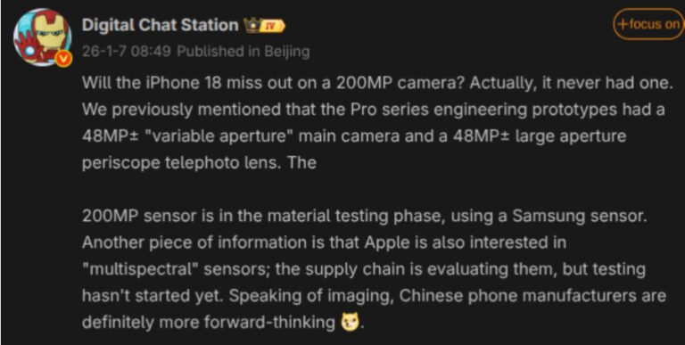Apple Won’t Bring a 200MP Camera to iPhones Until 2028